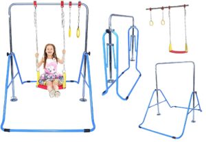 gymnastics training bar for kids home expandable folding kip bar 4 in 1 set with swing seat, 2 trapeze rings | horizontal bar junior gymnastic equipment height adjustable monkey bars jungle gym blue