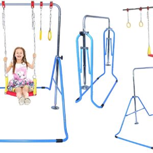 Gymnastics Training Bar for Kids Home Expandable Folding Kip Bar 4 in 1 Set with Swing Seat, 2 Trapeze Rings | Horizontal Bar Junior Gymnastic Equipment Height Adjustable Monkey Bars Jungle Gym Blue