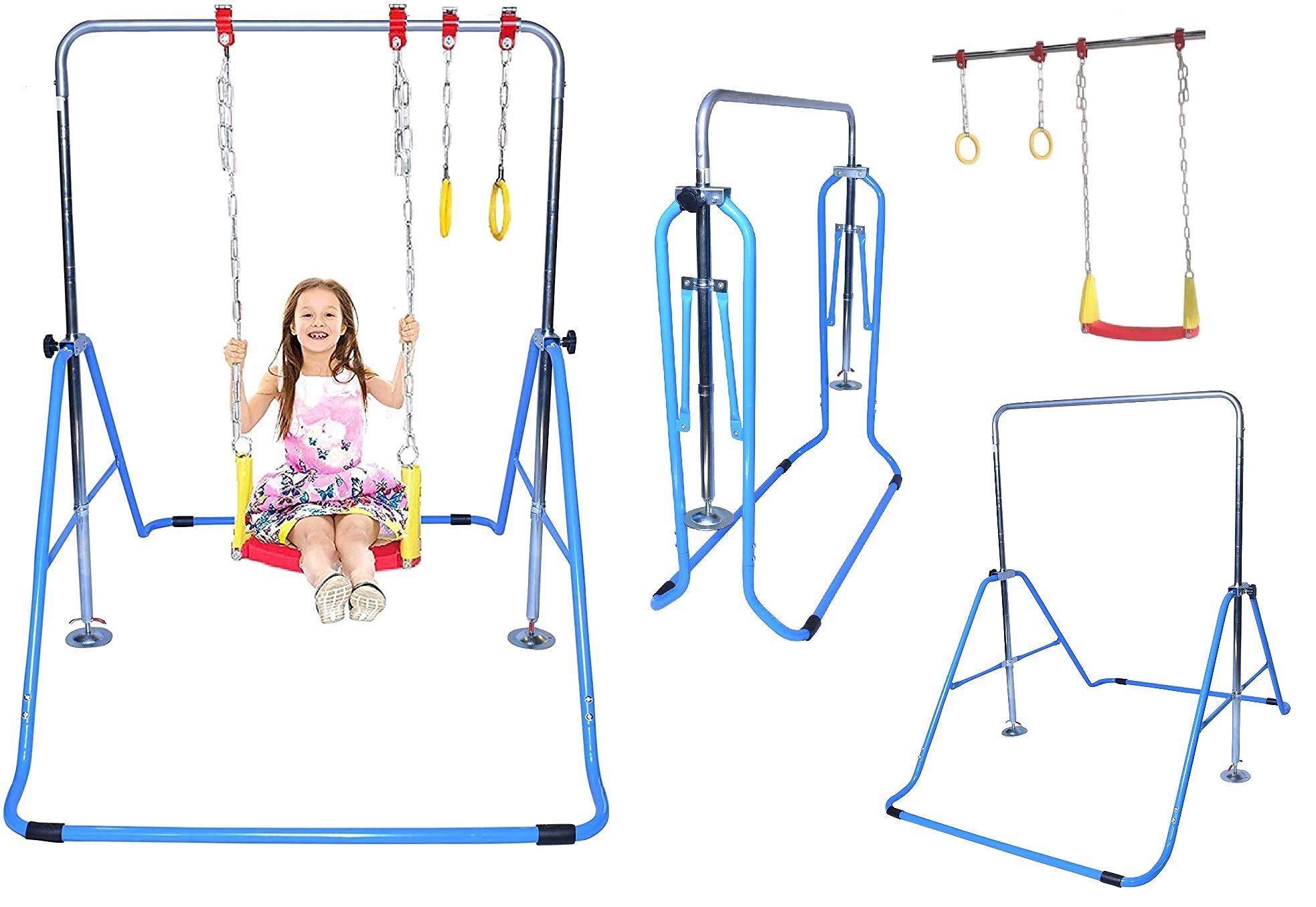 Gymnastics Training Bar for Kids Home Expandable Folding Kip Bar 4 in 1 Set with Swing Seat, 2 Trapeze Rings | Horizontal Bar Junior Gymnastic Equipment Height Adjustable Monkey Bars Jungle Gym Blue