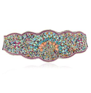 idealway bohemian women belts wide stretch elastic waist cinch belt handmade beaded flower adjustable belt for dresses (c)