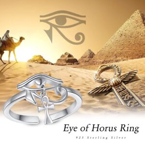 TANGPOET Eye of Horus with Ankh Cross Rings for Women 925 Sterling Silver Adjustable Open Rings Protection Jewelry Gift for Her