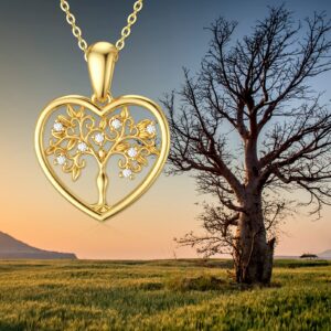 Ayafee 14K Solid Yellow Gold Tree of Life Necklace Dainty Pendant Necklace with Moissanite, Heart Necklace in 18 Inch for Women