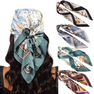 awaytr 27.5” silk satin square head scarf - 4pcs satin head scarves for women hair kerchief bandanas sleeping head wraps (print (black/gray/coffee/cyan))