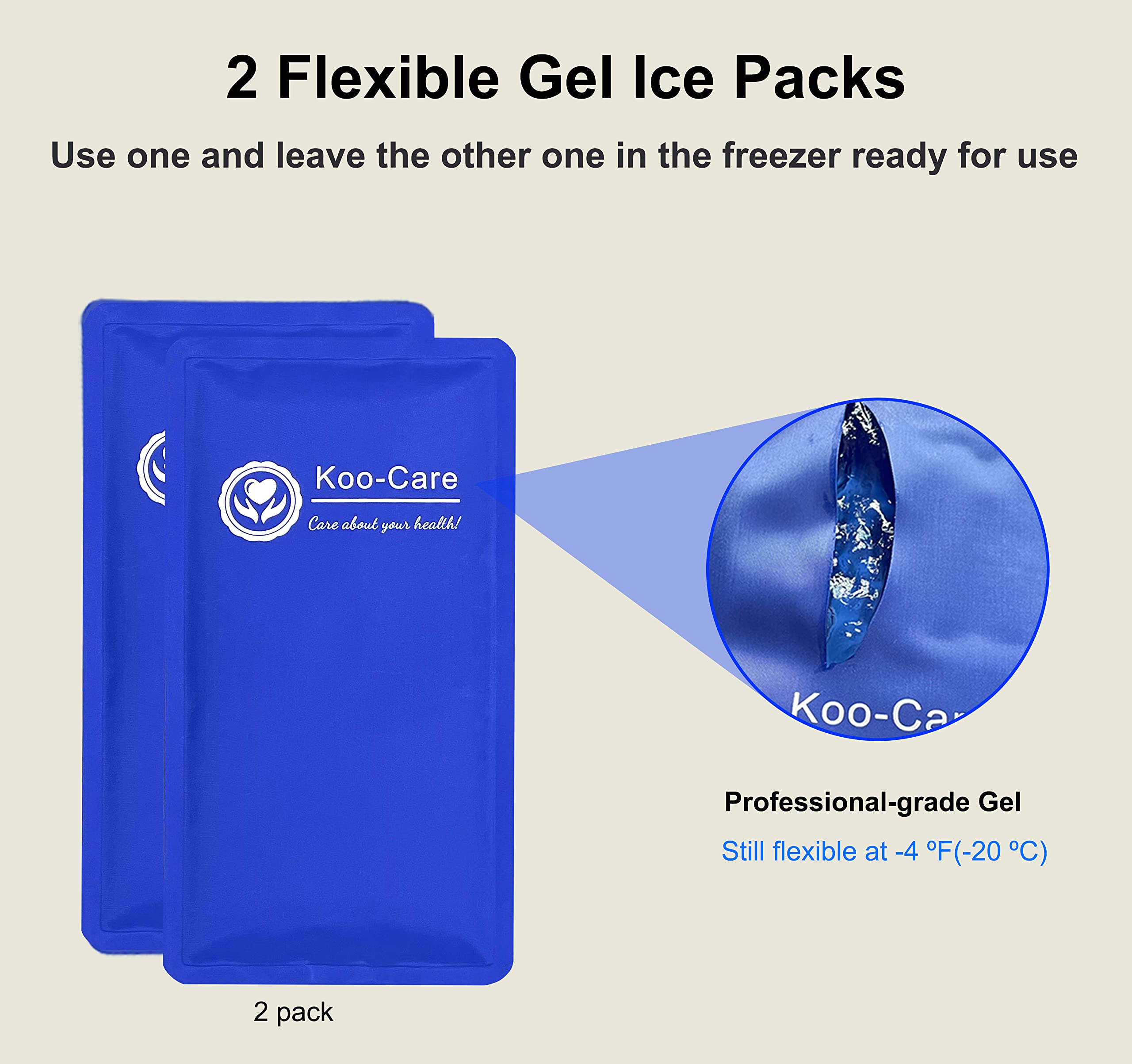 Koo-Care 2 Gel Ice Pack for Injuries Reusable Hot Cold Pack Wrap with Elastic Strap - 11" x 5.9" - Flexible Cold Compress for Head Shoulder Arm Elbow Wrist Back Knee Ankle - Pain Relief for Migraine