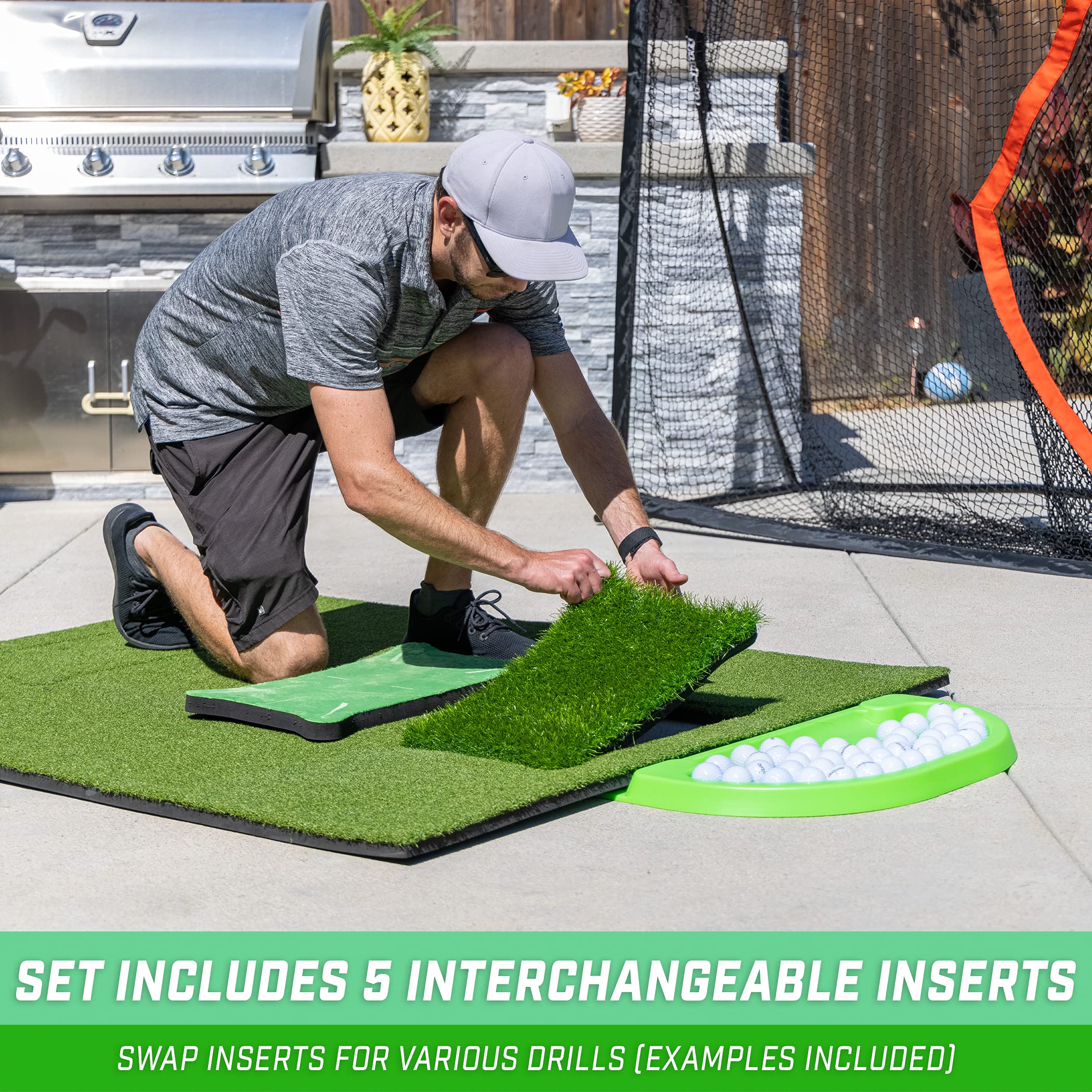 GoSports 5 ft x 4 ft PRO Golf Practice Hitting Mat, Includes 5 Interchangeable Inserts for the Ultimate At-Home Instruction, Green