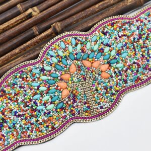 idealway Bohemian Women Belts Wide Stretch Elastic Waist Cinch Belt Handmade Beaded Flower Adjustable Belt for Dresses (C)