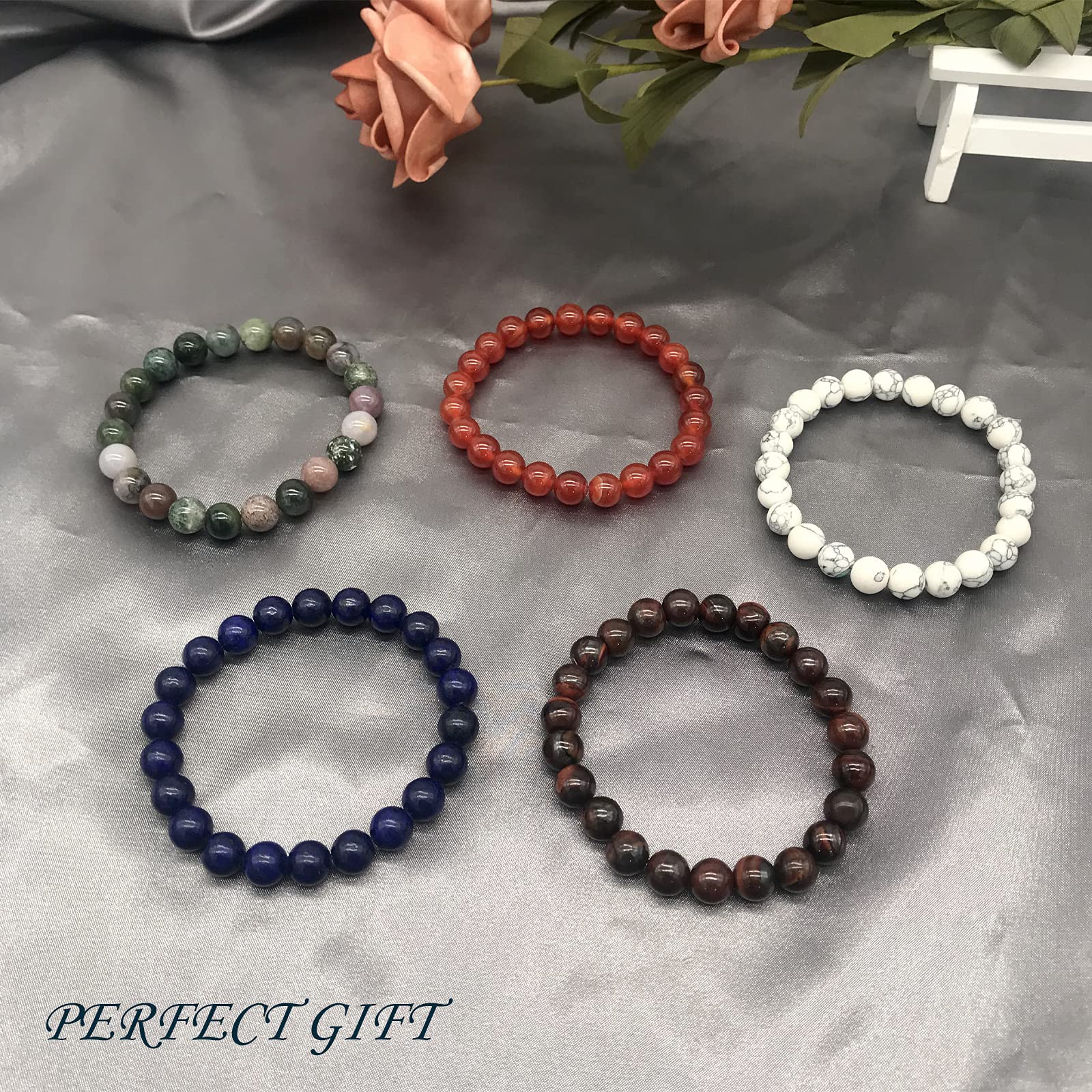 SONNYX 12 PCS 8mm Semi-Precious Gemstone Bracelet Set Crystal Stone Stretch Bracelets for Women Men Round Beaded Elastic Bracelets