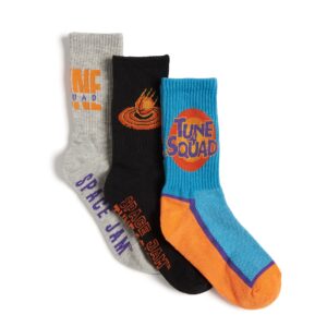 space jam boys space jam 3 pack crew casual sock, blue aqua multi, 9 11 us