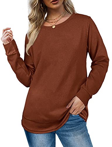 Dofaoo Tunic Tops for Leggings for Women Long Sleeve Shirts Chic Sweatshirt Dressy Caramel L