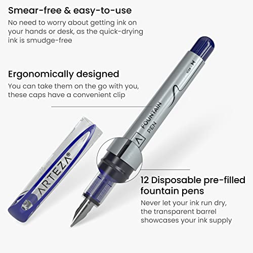 ARTEZA Disposable Fountain Pens, Pack of 12, Medium 0.9-mm Nib, Smooth-Writing Quick-Drying Blue Ink Pen, Art Supplies for Professionals, Students, and Hobbyists