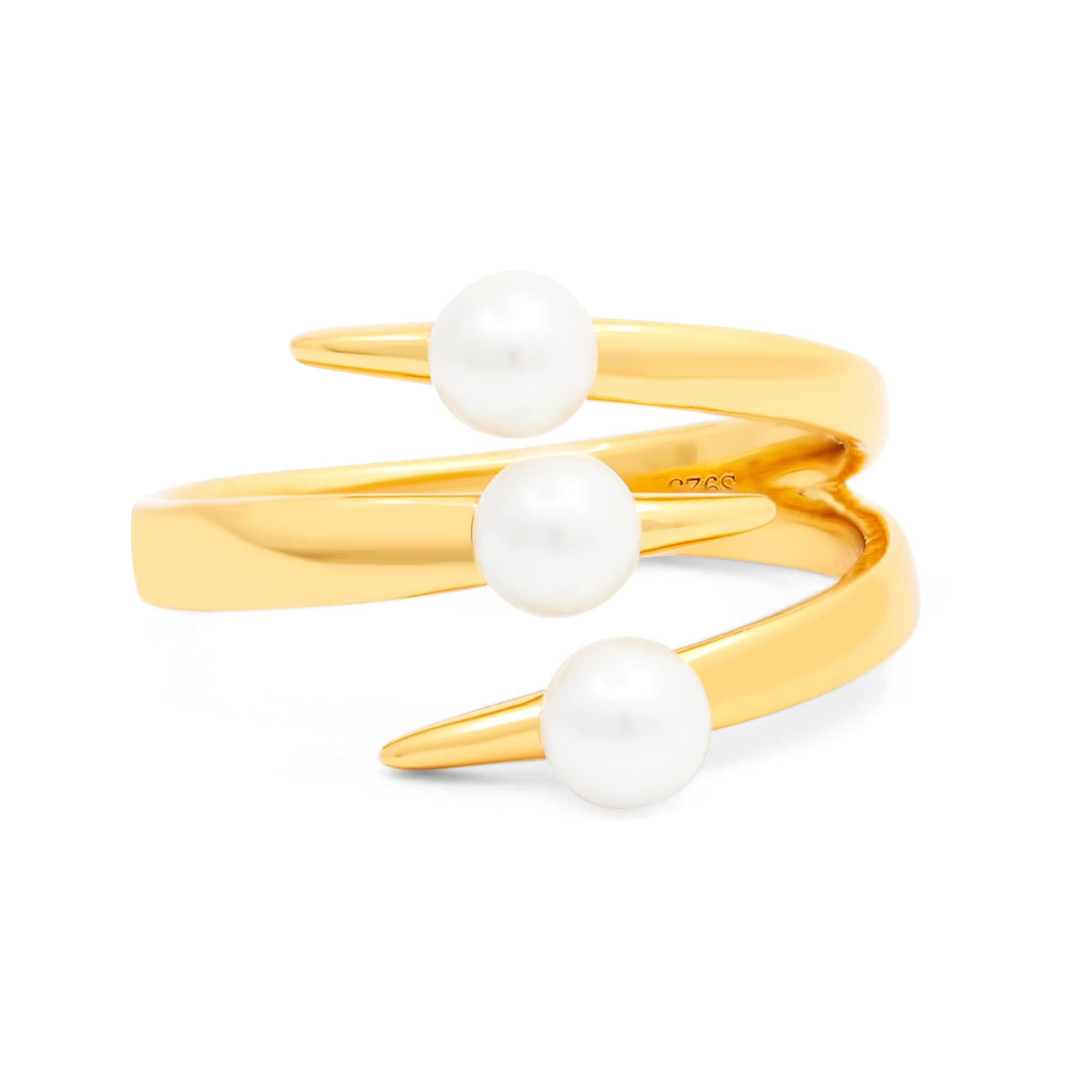 Satinski 18K Gold-Plated Sterling Silver 925 Natural Pearl Triple Claw Adjustable Expandable Ring | Ideal as a Gift for Women | Mother's Day/Birthday/Anniversary… (TRIPLE CLAW)