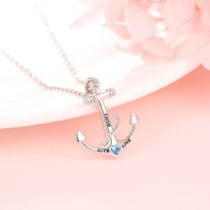 925-Sterling-Silver Sailor Anchor Necklace for Women - Engraved Ship Nautical Jewelry White Gold Plated Chain Faith Hope Love Inspirational Navy Blue Heart Cubic Zirconia Pendant Gifts