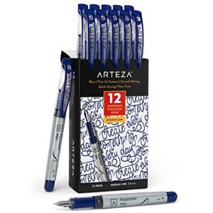 arteza disposable fountain pens, pack of 12, medium 0.9-mm nib, smooth-writing quick-drying blue ink pen, art supplies for professionals, students, and hobbyists