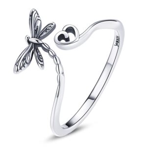 dragonfly wrap finger rings sterling silver 925 adjustable vintage retro cute insect with heart open statement ring engagement wedding eterntiy ring fashion jewelry gifts for women christmas day