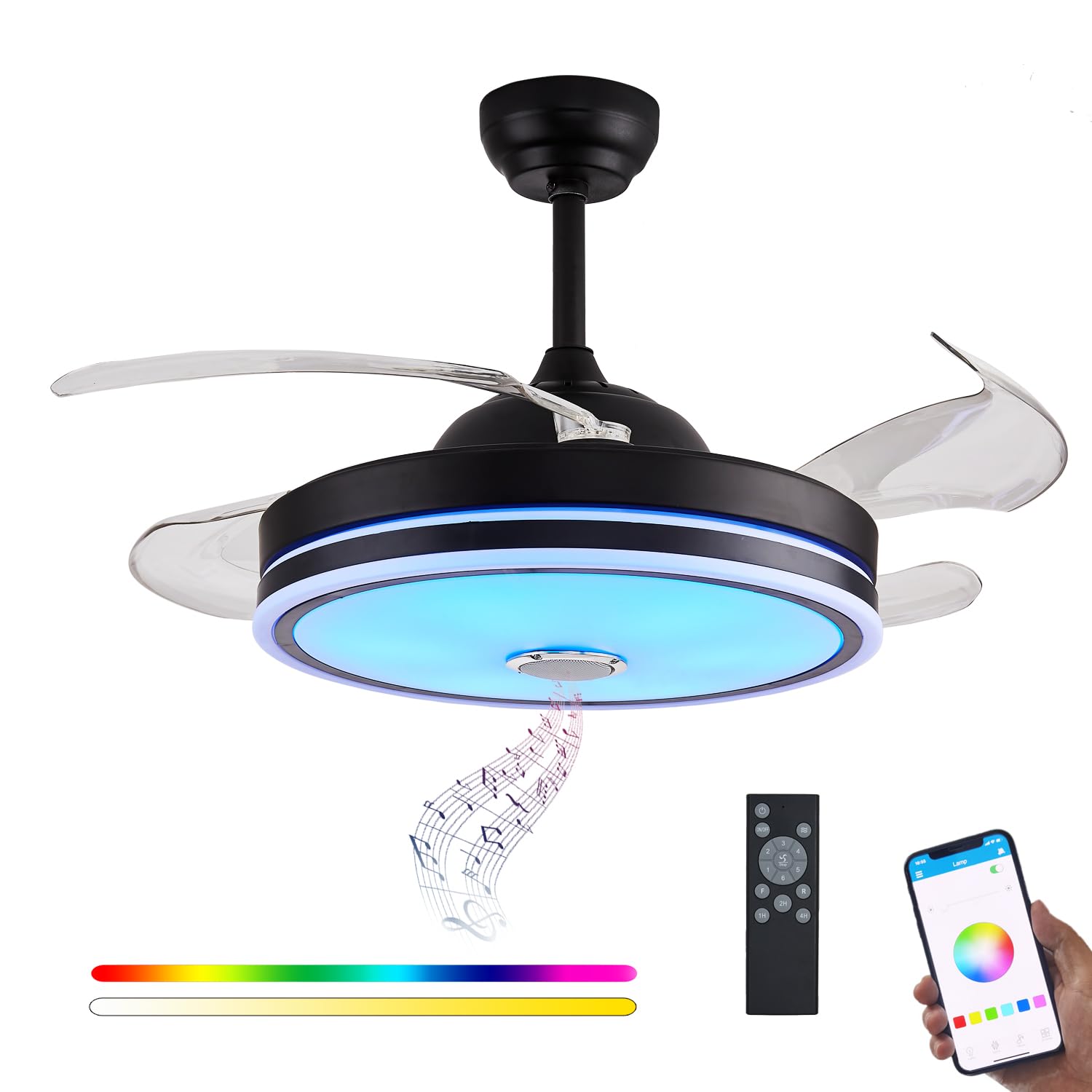 DFL 42" Ceiling Fan with Light, Fandelier, Retractable Ceiling Fan Light and Bluetooth Speaker RGB Color Changing with Remote Controller for Living Room/Bedroom/Restaurant Music Black