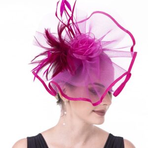 Lucky Leaf Girl Lady Hat Headwear Organza Church Feather Clip Fascinators Hat Wedding Party Kentucky Derby Cap for Women(L-Flowers-Fuschia)