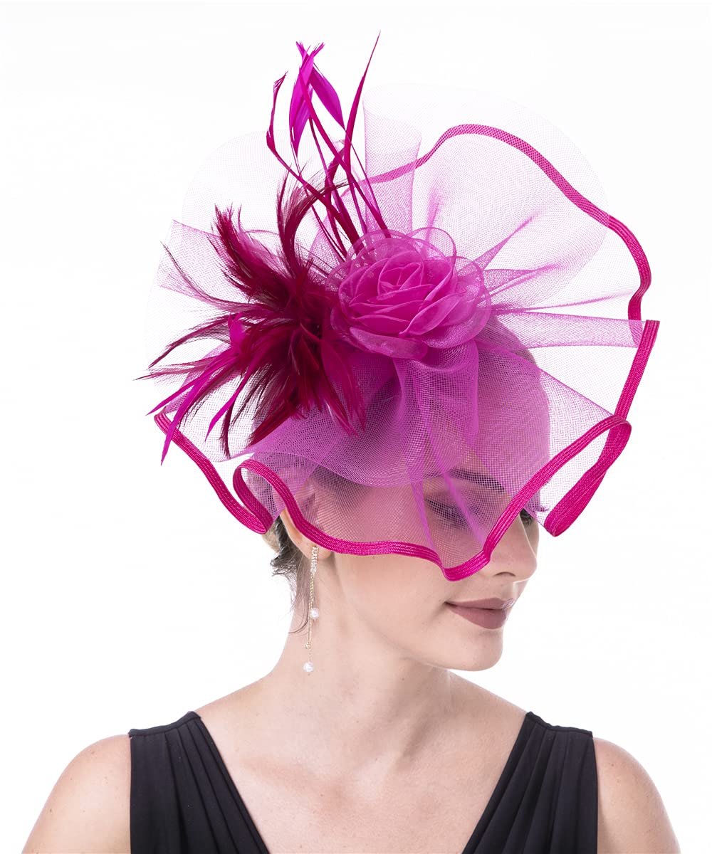 Lucky Leaf Girl Lady Hat Headwear Organza Church Feather Clip Fascinators Hat Wedding Party Kentucky Derby Cap for Women(L-Flowers-Fuschia)