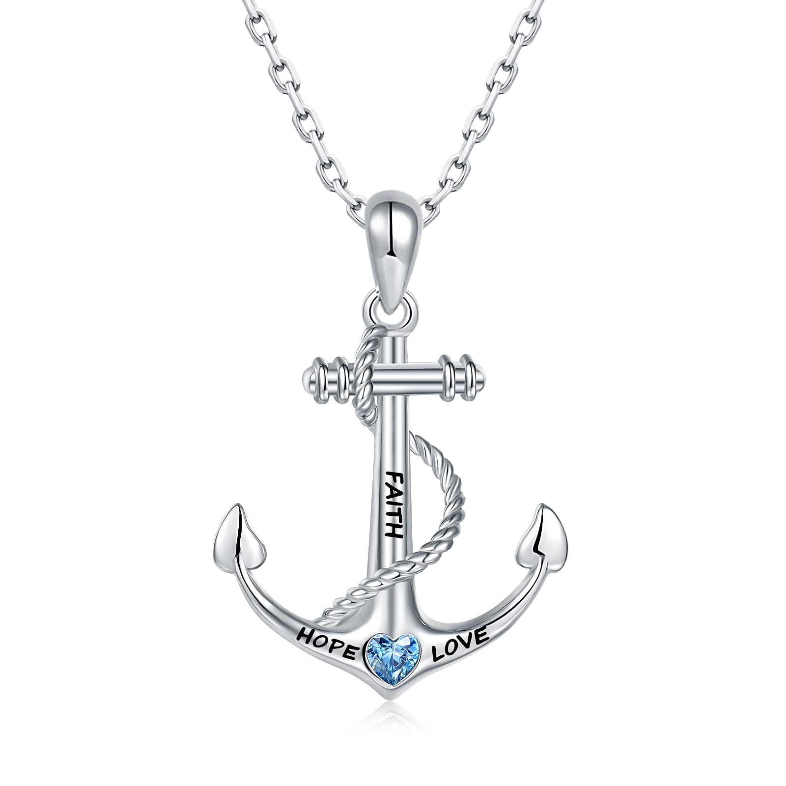 925-Sterling-Silver Sailor Anchor Necklace for Women - Engraved Ship Nautical Jewelry White Gold Plated Chain Faith Hope Love Inspirational Navy Blue Heart Cubic Zirconia Pendant Gifts