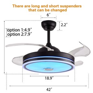 DFL 42" Ceiling Fan with Light, Fandelier, Retractable Ceiling Fan Light and Bluetooth Speaker RGB Color Changing with Remote Controller for Living Room/Bedroom/Restaurant Music Black