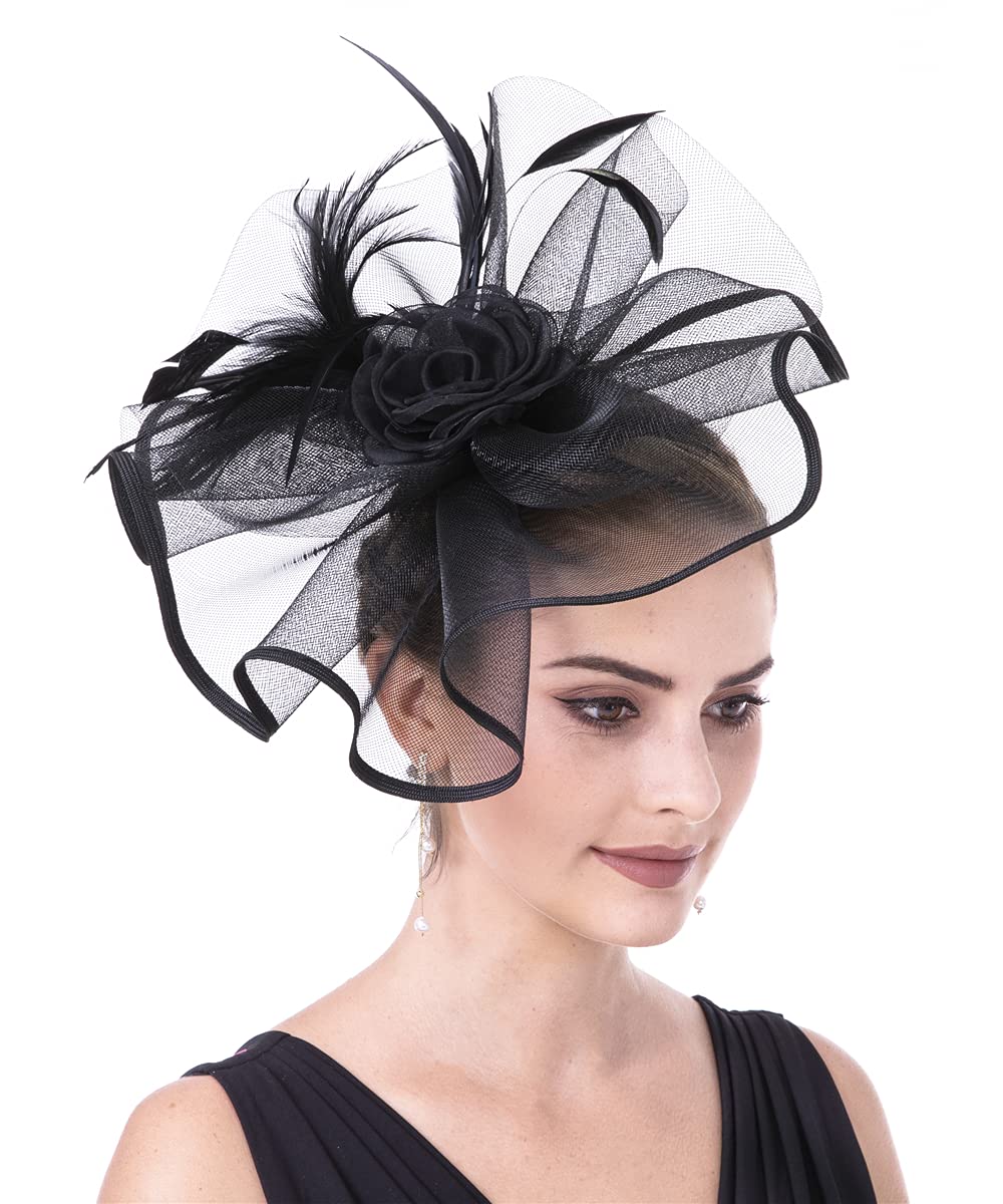 Lucky Leaf Girl Lady Hat Headwear Organza Church Feather Clip Fascinators Hat Wedding Party Kentucky Derby Cap for Women(L-Flowers-Black)