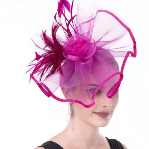 Lucky Leaf Girl Lady Hat Headwear Organza Church Feather Clip Fascinators Hat Wedding Party Kentucky Derby Cap for Women(L-Flowers-Fuschia)