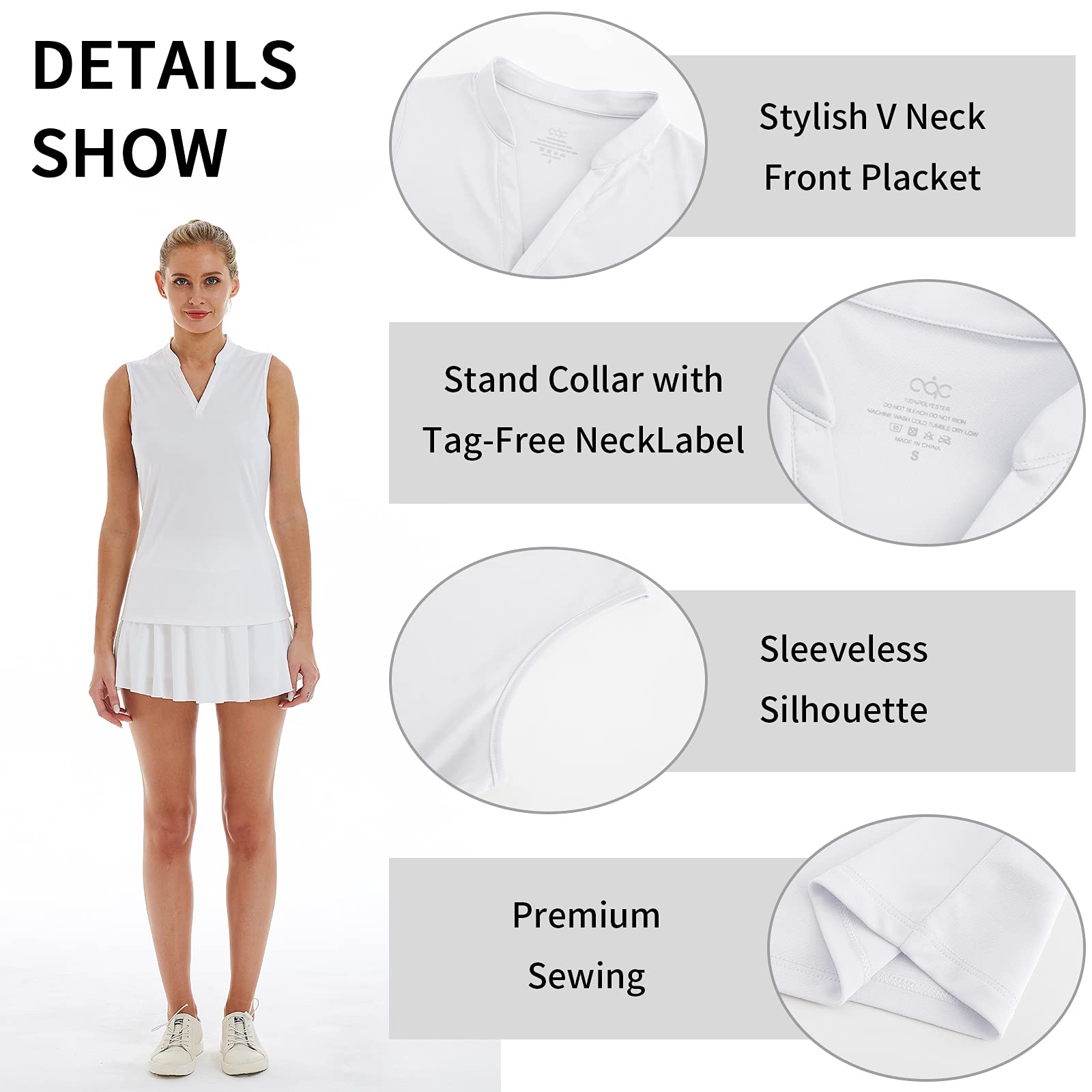 CQC Women's Golf Tennis Sleeveless Polo Shirts V-Neck Quick Dry UPF 50+ Sport Athletic Tank Tops Moisture Wicking Casual White XS