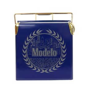 modelo retro ice chest cooler with bottle opener 13l (14 qt), 18 can capacity, blue and gold, vintage style ice bucket for camping, beach, picnic, rv, bbqs, tailgating, fishing