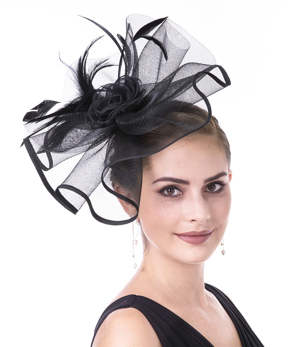 Lucky Leaf Girl Lady Hat Headwear Organza Church Feather Clip Fascinators Hat Wedding Party Kentucky Derby Cap for Women(L-Flowers-Black)