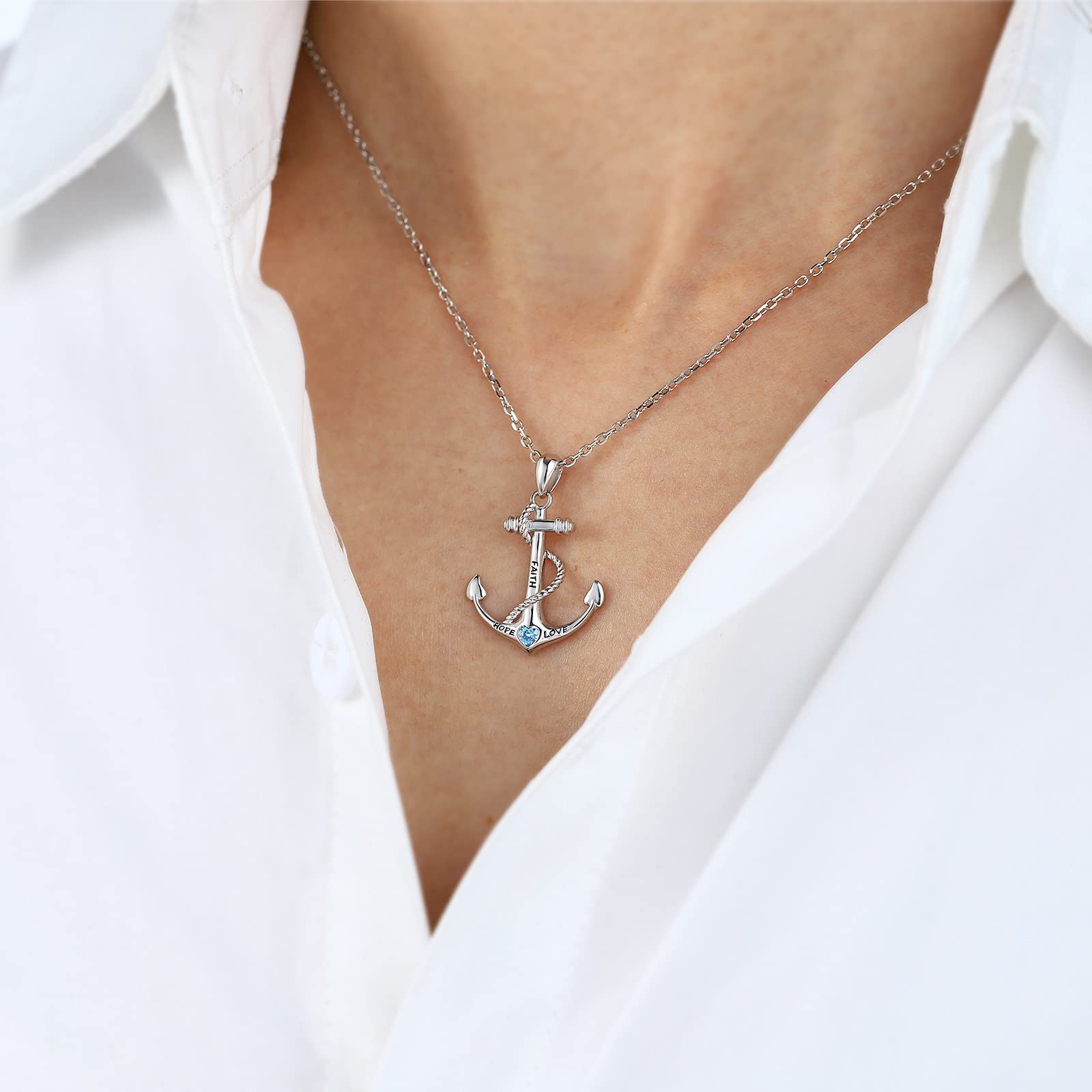 925-Sterling-Silver Sailor Anchor Necklace for Women - Engraved Ship Nautical Jewelry White Gold Plated Chain Faith Hope Love Inspirational Navy Blue Heart Cubic Zirconia Pendant Gifts