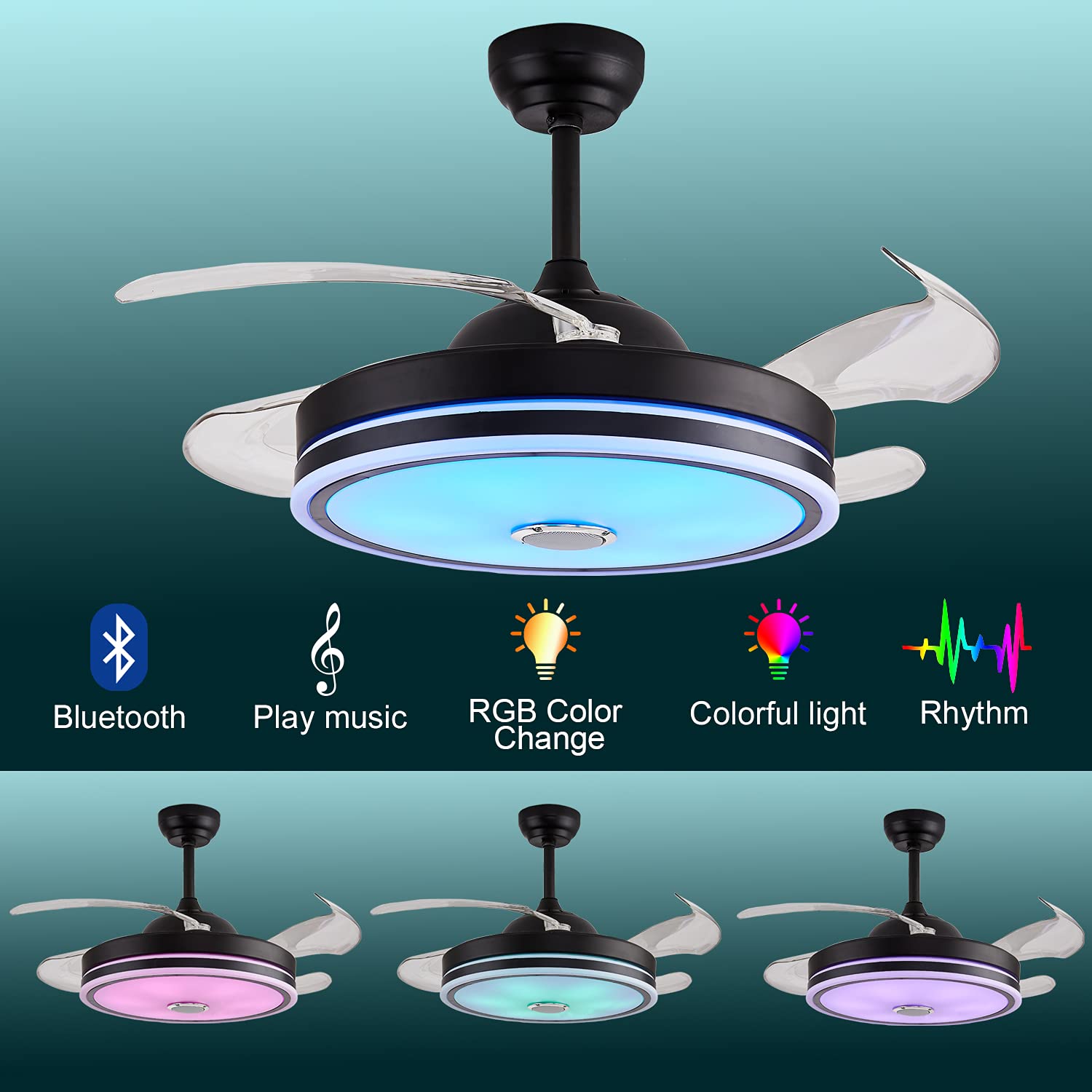 DFL 42" Ceiling Fan with Light, Fandelier, Retractable Ceiling Fan Light and Bluetooth Speaker RGB Color Changing with Remote Controller for Living Room/Bedroom/Restaurant Music Black