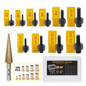 hifeson rivet nut tool,hand nuts riveter,rivnut tool with metric and sae,rivet nut tool rivet nut kit with a step drill bit & 100 rivet nuts assortment kit