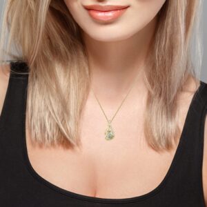 10k Yellow Gold Genuine Pear-shape Green Amethyst and Diamond Halo Drop Pendant Necklace