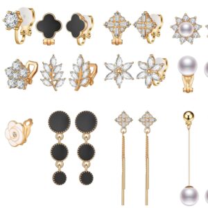 Aganippe Gold Non-Piercing Earrings Set, 12 Pairs, Dangle & Pearl, Hypoallergenic, Gift Box