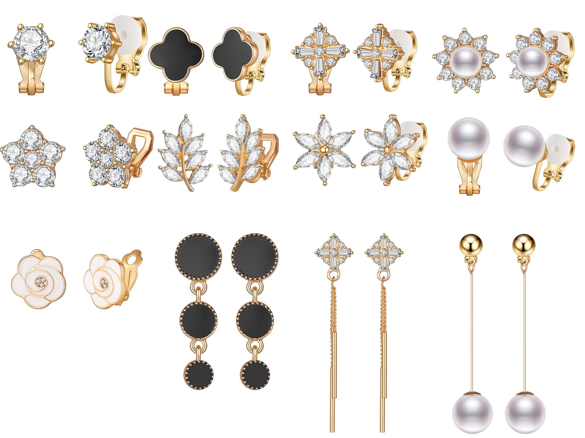 Aganippe Gold Non-Piercing Earrings Set, 12 Pairs, Dangle & Pearl, Hypoallergenic, Gift Box