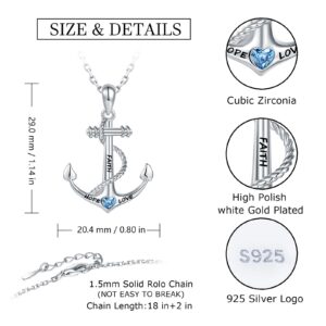 925-Sterling-Silver Sailor Anchor Necklace for Women - Engraved Ship Nautical Jewelry White Gold Plated Chain Faith Hope Love Inspirational Navy Blue Heart Cubic Zirconia Pendant Gifts