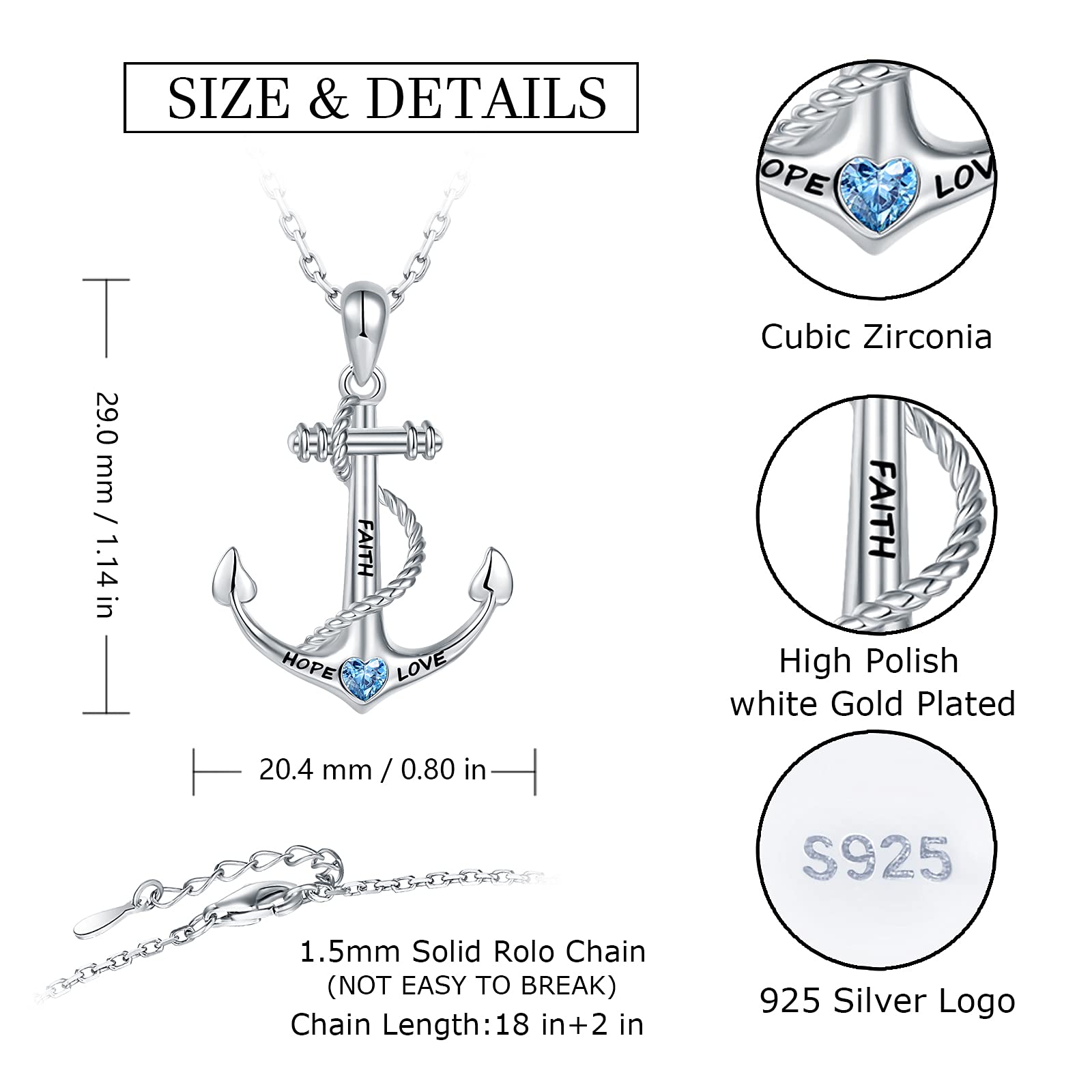 925-Sterling-Silver Sailor Anchor Necklace for Women - Engraved Ship Nautical Jewelry White Gold Plated Chain Faith Hope Love Inspirational Navy Blue Heart Cubic Zirconia Pendant Gifts