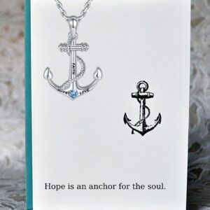 925-Sterling-Silver Sailor Anchor Necklace for Women - Engraved Ship Nautical Jewelry White Gold Plated Chain Faith Hope Love Inspirational Navy Blue Heart Cubic Zirconia Pendant Gifts