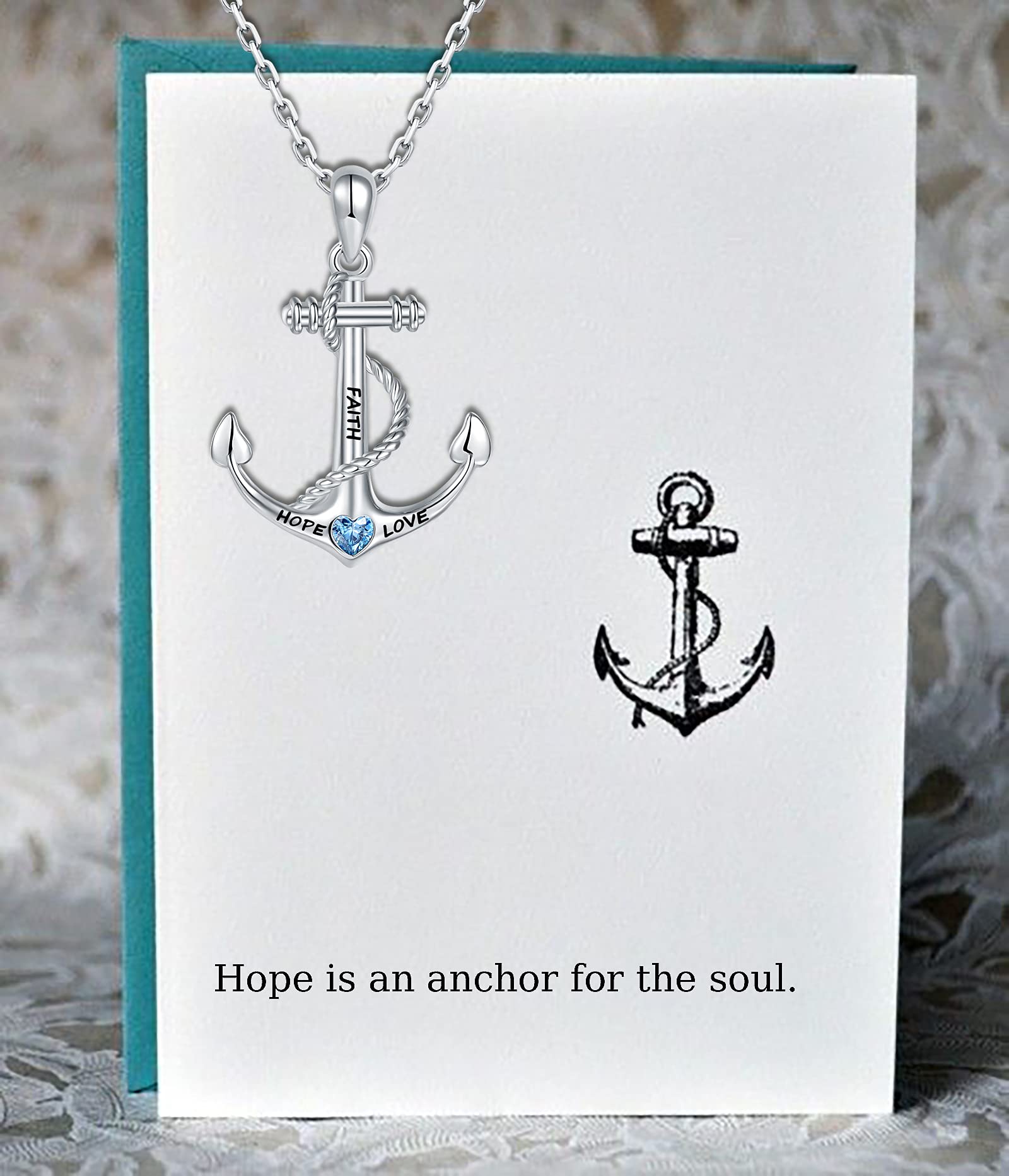 925-Sterling-Silver Sailor Anchor Necklace for Women - Engraved Ship Nautical Jewelry White Gold Plated Chain Faith Hope Love Inspirational Navy Blue Heart Cubic Zirconia Pendant Gifts