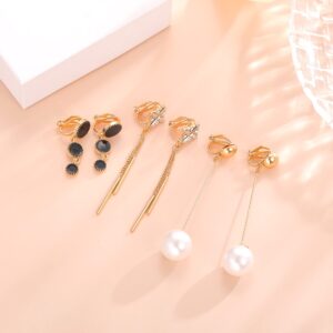 Aganippe Gold Non-Piercing Earrings Set, 12 Pairs, Dangle & Pearl, Hypoallergenic, Gift Box