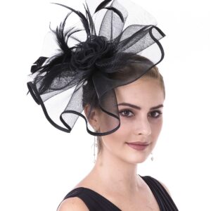 Lucky Leaf Girl Lady Hat Headwear Organza Church Feather Clip Fascinators Hat Wedding Party Kentucky Derby Cap for Women(L-Flowers-Black)