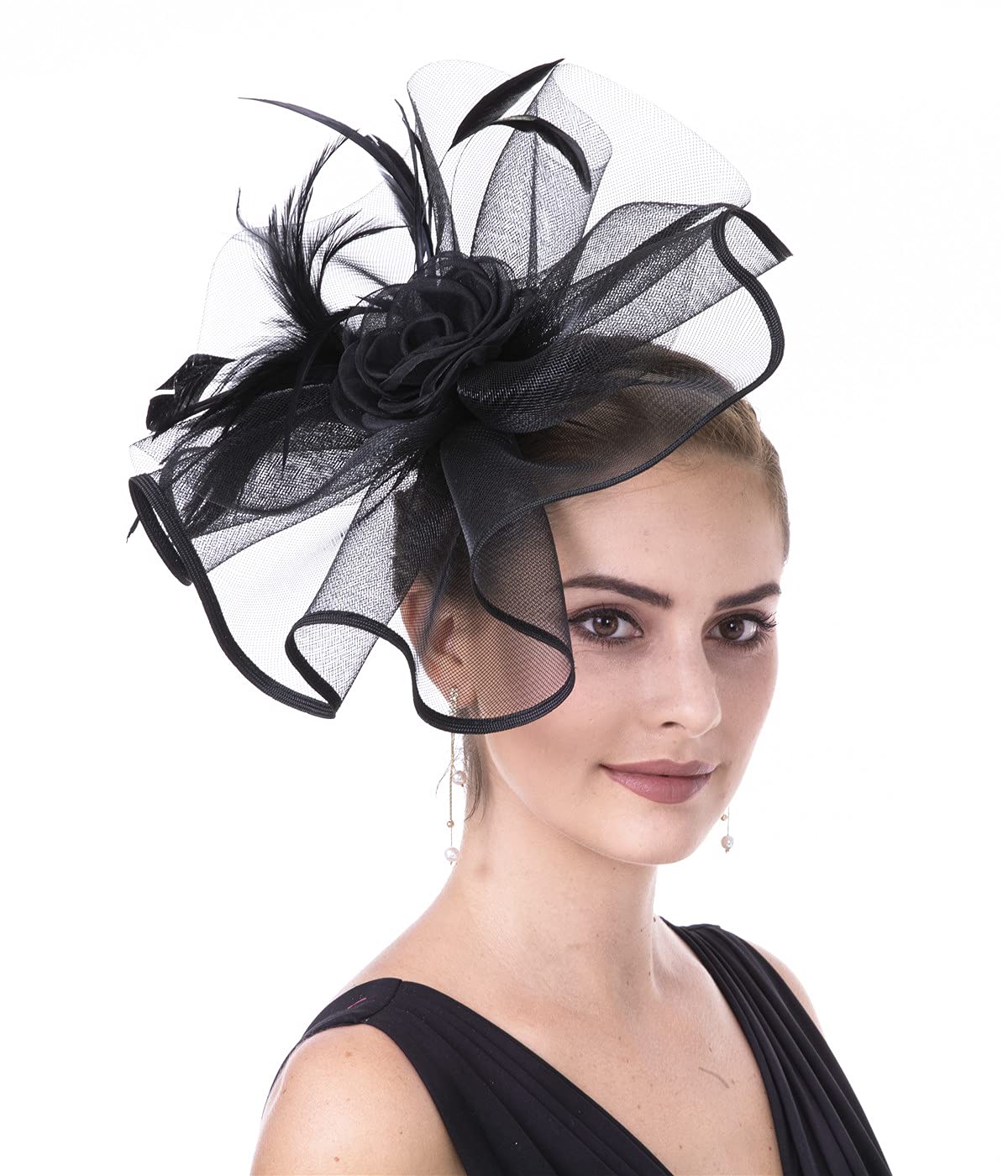 Lucky Leaf Girl Lady Hat Headwear Organza Church Feather Clip Fascinators Hat Wedding Party Kentucky Derby Cap for Women(L-Flowers-Black)