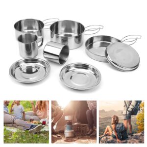 01 camping cookware mess kit, camp accessories equipment stainless steel camping cookware kit 8pcs for hiking for backpacking for outdoor for picnic