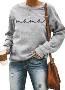 women lightweight sweatshirt tshirt mama letter print long sleeve casual crewneck pullover tops (light grey, m)