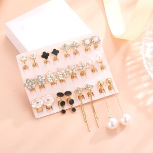 Aganippe Gold Non-Piercing Earrings Set, 12 Pairs, Dangle & Pearl, Hypoallergenic, Gift Box