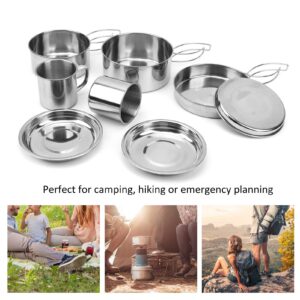 01 Camping Cookware Mess Kit, Camp Accessories Equipment Stainless Steel Camping Cookware Kit 8Pcs for Hiking for Backpacking for Outdoor for Picnic