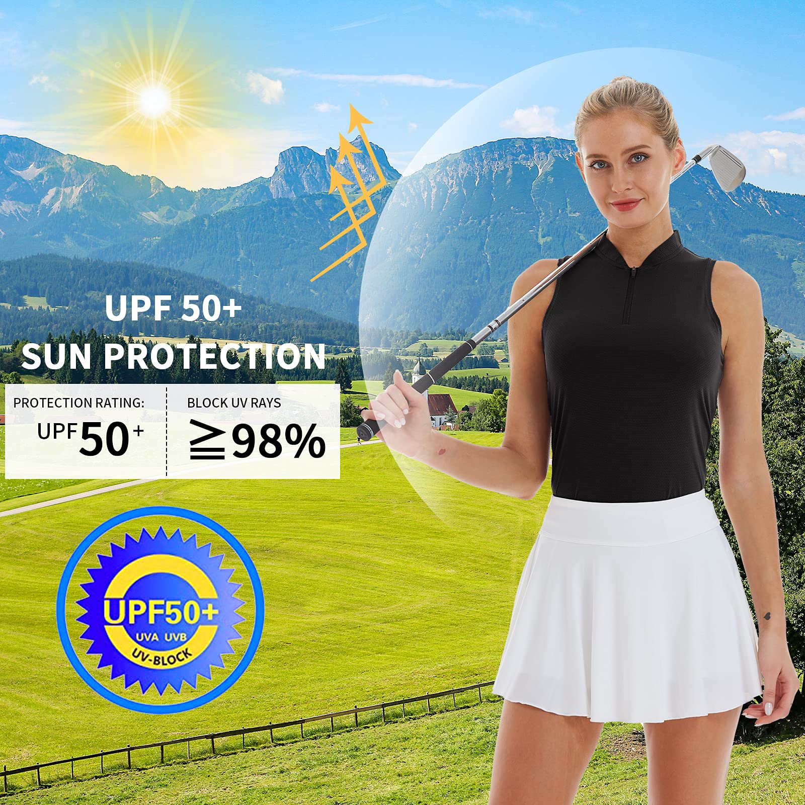 CQC Women's Sleeveless Golf Polo Tennis Shirts Zip Up Quick Dry UPF 50+ Athletic Tank Tops Moisture Wicking Sport Casual Black S