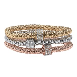 palmbeach goldtone silvertone and rose goldtone crystal 3 piece stretch bracelet set, 8 inch length