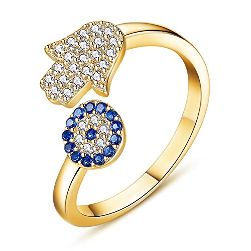 SLOONG Evil Eye Hamsa Hand Ring 14k Gold Plated Third Eye White Zircon Gemstone Blue Cz for Womens (Gold)