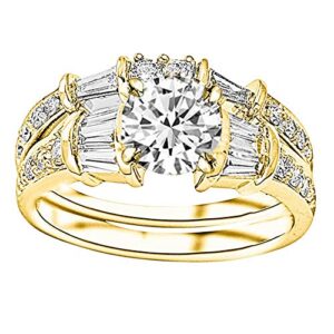 14k yellow gold 1.5 carat lab grown diamond baguette and round brilliant round cut diamond engagement ring and wedding band set (e-f color vs2-si1 clarity 0.75 ct center)