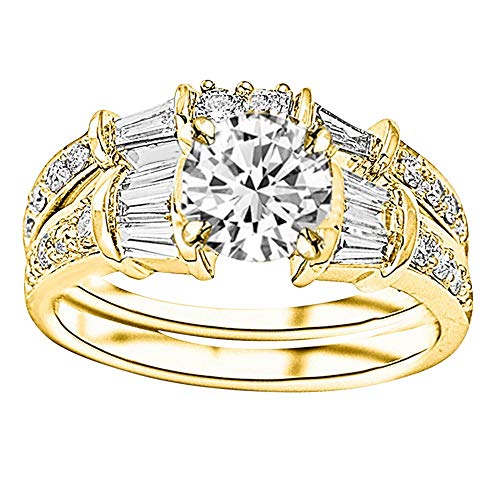 14K Yellow Gold 1.5 Carat LAB GROWN DIAMOND Baguette And Round Brilliant Round Cut Diamond Engagement Ring and Wedding Band Set (E-F Color VS2-SI1 Clarity 0.75 Ct Center)